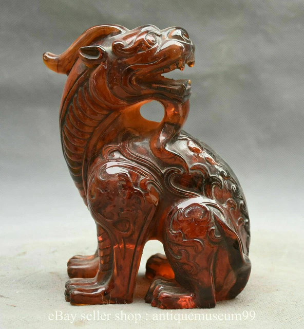 6.4& CHINA RED Amber Carved Feng Shui Animal Unicorn Gundam Beast Lucky ...