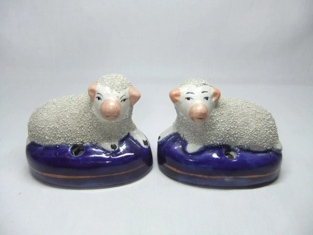 PAIR C19 ANTIQUE Staffordshire Style Recumbent Sheep Ram Pen Holder ...