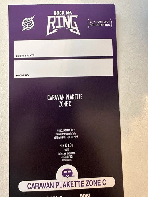 ROCK AM RING 2026 Caravan Plakette/Pass Zone C - Parkticket EUR 200,00 ...