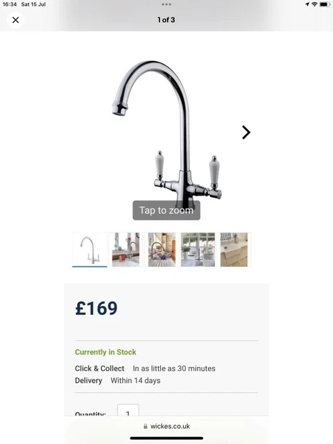 WICKES ZORES MONOBLOC Kitchen Sink Mixer Tap | 173897 | Chrome £60.00 ...