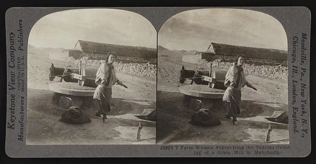 FARM WOMAN SUPERVISING tedious grinding a grain mill Manchuria Old ...