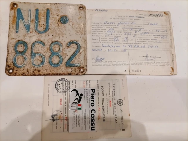 TARGA + LIBRETTO CIRCOLAZIONE + F.C. NU 8682 MOTO GUZZI 110 ZIGOLO del ...