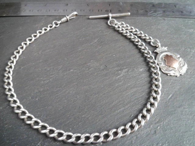 HEAVY 45.9G ANTIQUE HM 101YO Solid Silver Albert Pocket Watch Chain ...