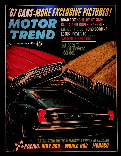VINTAGE CAR MAGAZINE Motor Trend August 1966 Cars Indy 500 Thunderbird ...