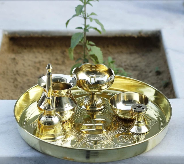 PURE BRASS POOJA Thali Set with Ashtmangal Beeded Design Religious 8.1 ...