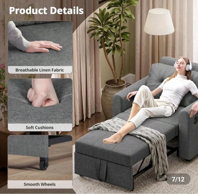 SOFA BED 3 In 1 Convertible Single Sofa Bed with USB & Type-C Ports ...