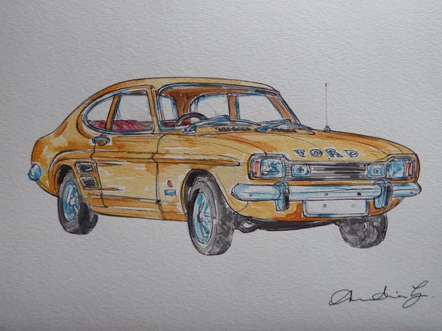 ORIGINAL WATERCOLOUR PAINTING Vintage 1980's Tan Ford Capri Classic Car ...
