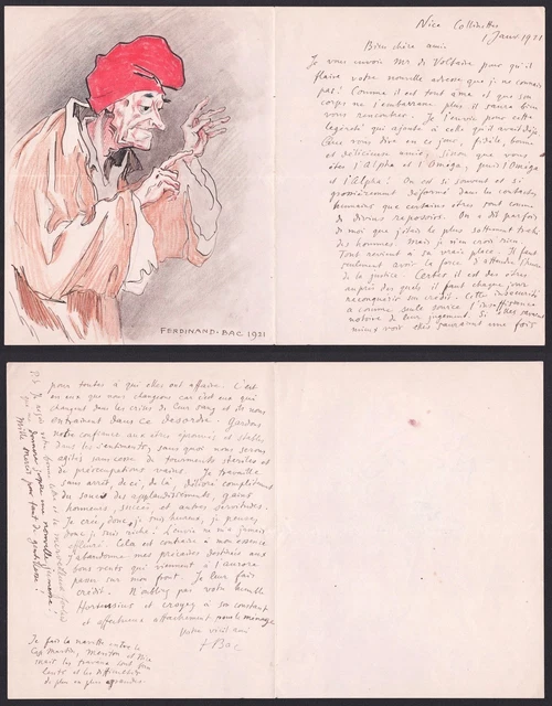 1921 VOLTAIRE PORTRAIT Cartoon Drawing Autograph Ferdinand Bac LAS £110 ...