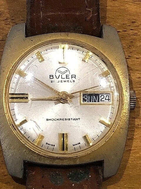 VINTAGE RARE SWISS Buler 21 Jewels Day/Date Mechanical Gents Leather ...