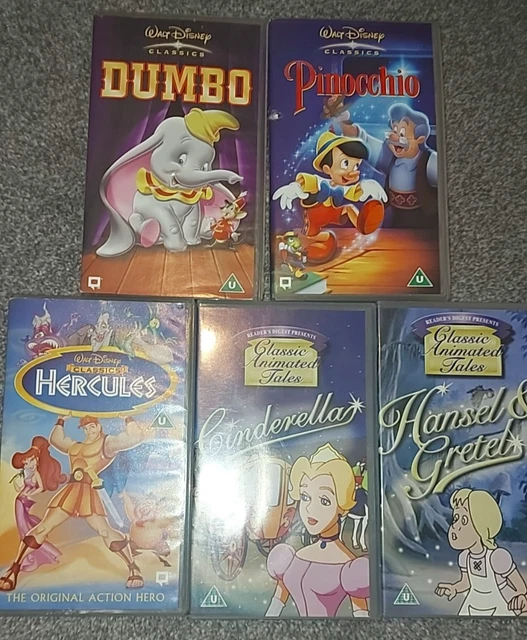 DISNEY VHS TAPES x5, Pinochio, Hercules, Dumbo, Cinderella, Hansel ...