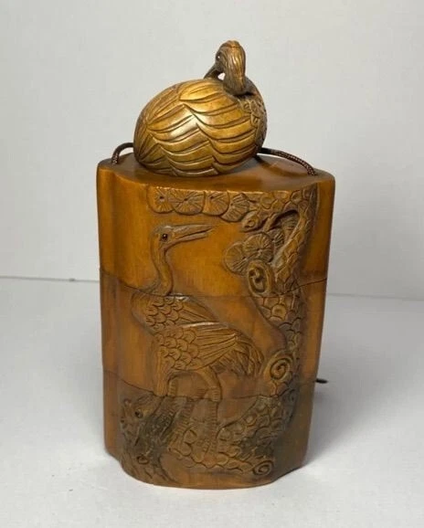 INRO NETSUKE MATSUTSU Antique crane Japanese Boxwood carved vintage ...