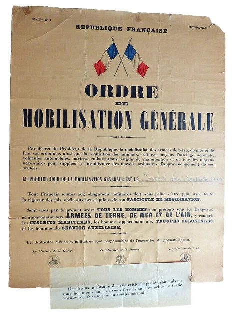 AUTHENTIQUE AFFICHE DE L'ordre De Mobilisation Generale Du 2 Septembre 1939 EUR 220,00 - PicClick FR