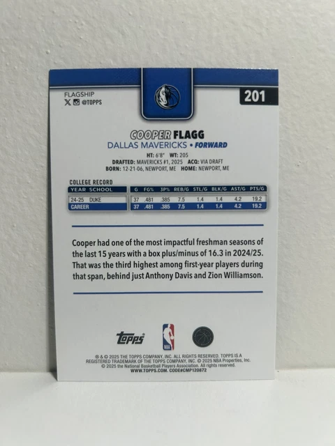 2025-26 TOPPS FLAGSHIP - Cooper Flagg Diamante Cracked Ice Rookie SP RC ...