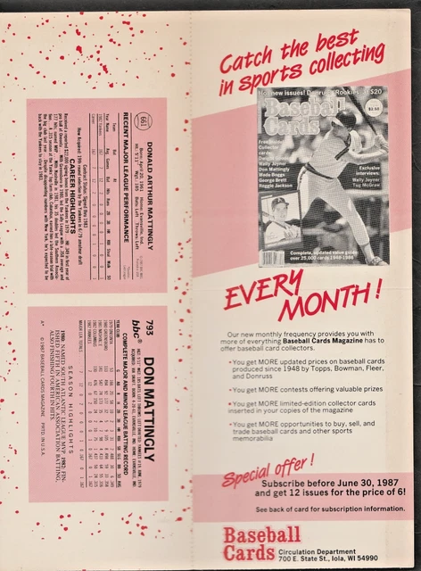 DON MATTINGLY 1987 BBC Magazine Replica Card Panel With Cards $31.85 ...