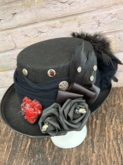 UNIQUE BLACK GOTHIC Goth Top Hat Roses Heart Skulls Feathers Odd 57cm ...