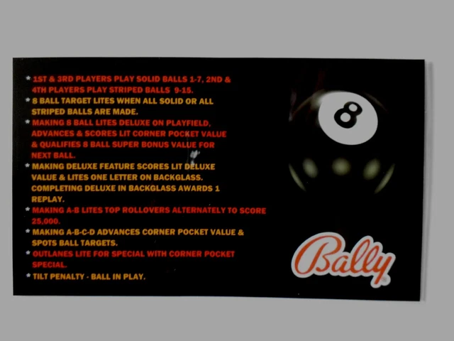 * 'EIGHT BALL DELUXE' Bally 1981 Custom Instruction/Apron Cards * (New ...