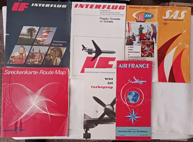 6 PROSPEKTE INTERFLUG Air France SAS LUFTHANSA Flugplan Streckenkarte ...