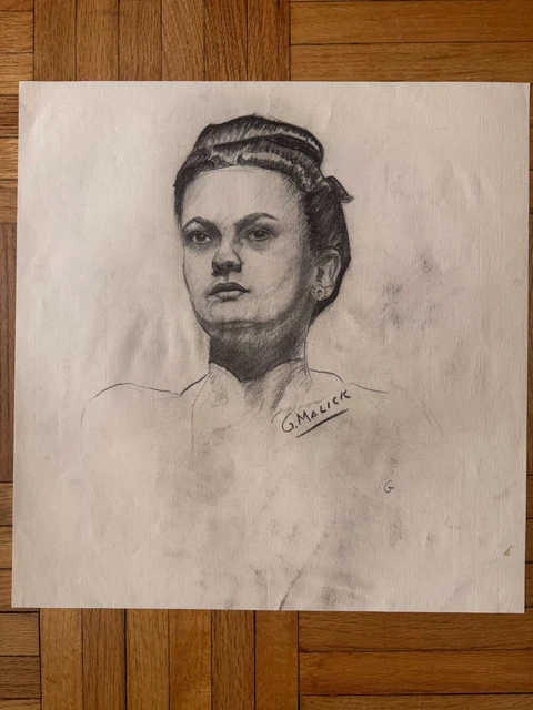 VINTAGE LATE 1940'S Young Woman Portrait Charcoal Drawing George Malick ...