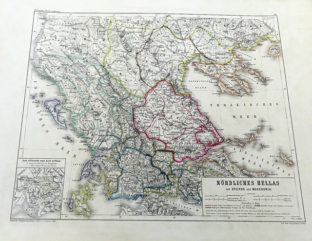 LARGE ANTIQUE MAP of Ancient Greece Thessaly Epirus Aetolia Macedonia ...