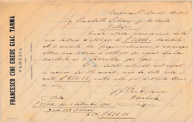 1902 VENEZIA FRANCESCO CINI erede Giacomo TARMA carta intestata d'epoca ...
