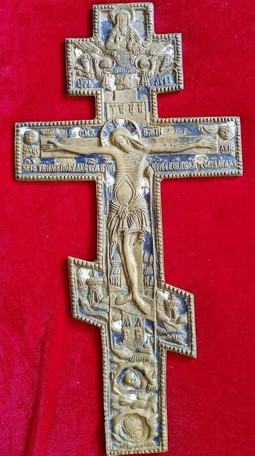 ANTICO 19C RUSSO Ortodosso Bronzo Colore Smalto Croce Crocifisso Grandi ...