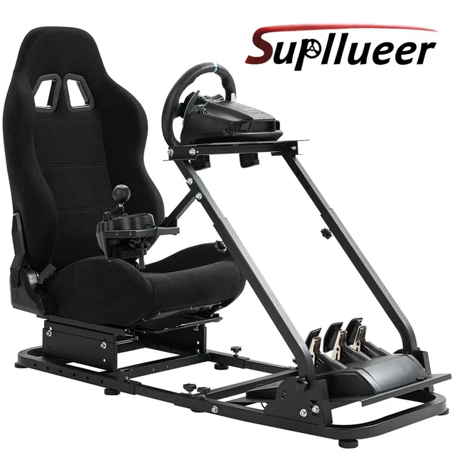 SUPLLUEER RACING SIMULATOR Cockpit Stand with Black Seat fit Logitech ...