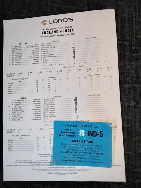 ENGLAND V INDIA 3rd Test At Lords 2025 Scorecard And Pass Out Ticket. £ ...