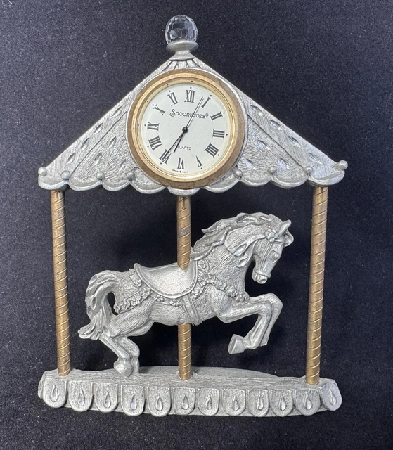 VINTAGE DIAMOND CUT Pewter Horse Carousel Clock Figurine with Gemstone ...