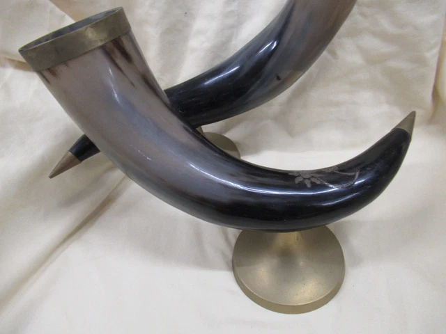 TWO LARGE MOUNTED Cow Horns with Brass Inlay and Stands 12 1/2inch long ...