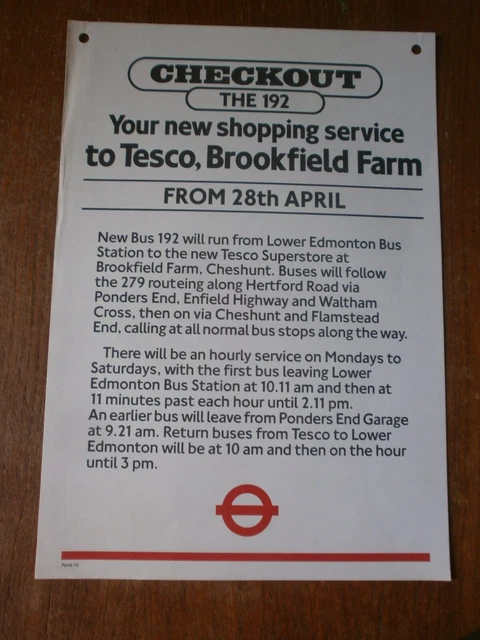 LONDON TRANSPORT BUS Stop Timetable Panel Poster-Route 192 to ...