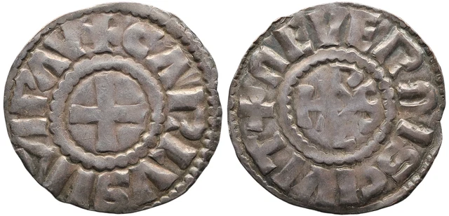 CHARLES LE CHAUVE empereur, denier de Nevers, variété de légende CARLVS ...