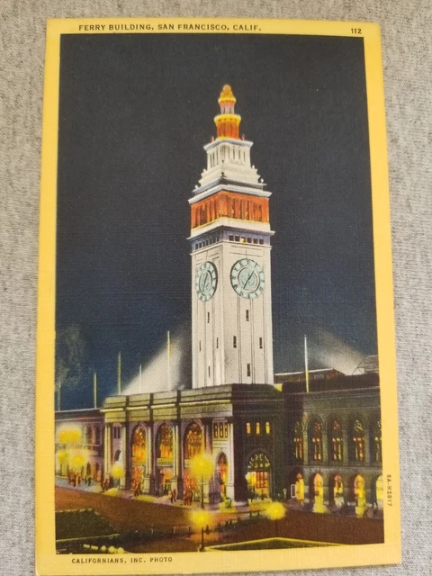 SAN FRANCISCO CA Ferry Building Night View Clock Tower Piltz Vtg Linen ...