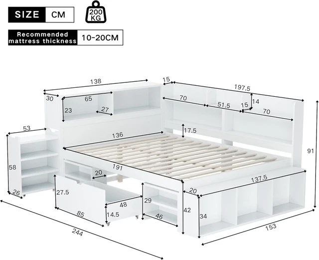 SINGLE CABIN BED with Storage Drawers Shelves Bookcase White 4FT6 £ ...