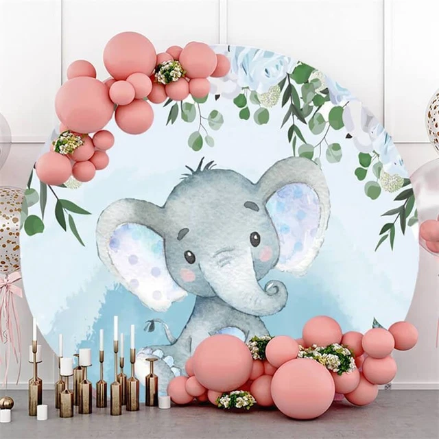 ROUND FLOWER ELEPHANT Blue Baby Shower Backdrop For Boy $34.45 ...