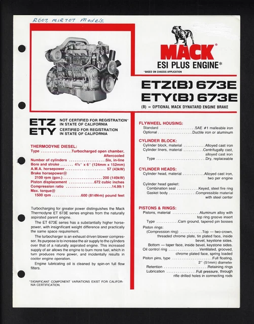MACK TRUCKS ETZ[B] & Etz[Y] 673E Engines 4 Page Specifications Brochure ...