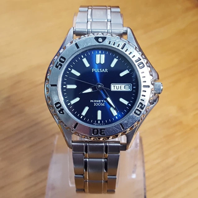 MENS BLUE CLASSIC Diver Style Seiko Pulsar Kinetic 100m Day Date ...