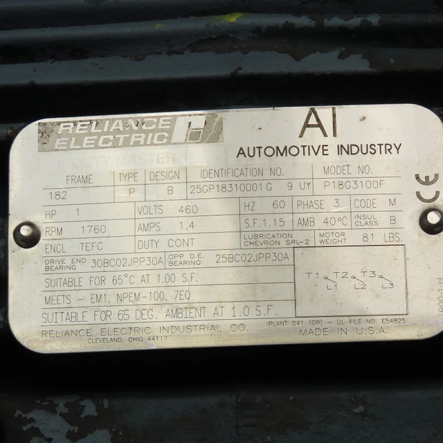 MOTORE AC RELIANCE Electric 1Hp 1760RPM 460V 3Ph Con Puleggia Roto-Cone ...