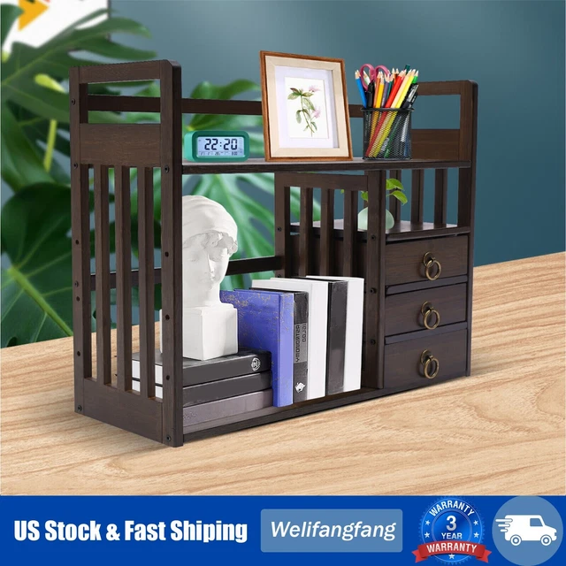 BAMBOO BOOKSHELF DESKTOP Organizer Desk Rack Storage Shelves w/3 ...