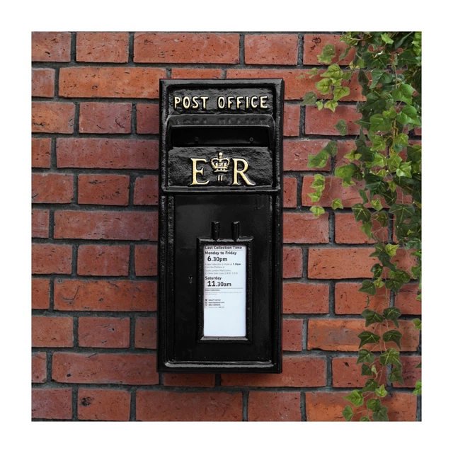POST BOX BLACK with Lock Royal Mail ER Design Wall Mounted Mailbox Cast ...