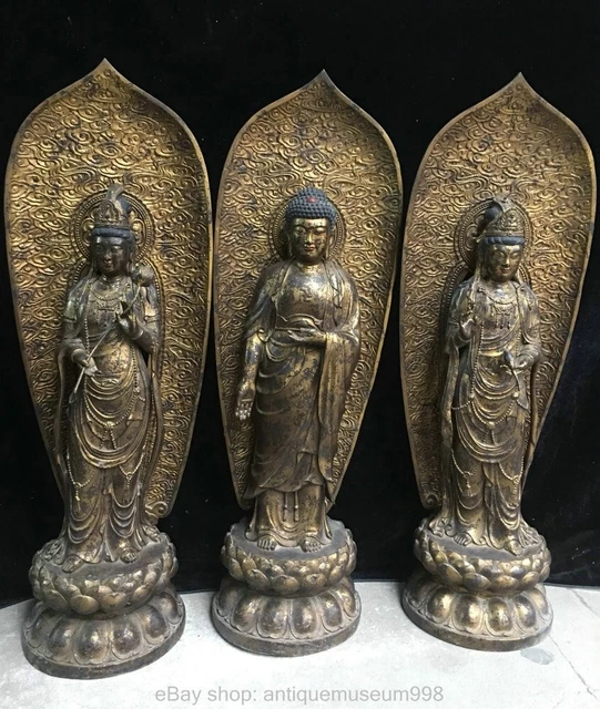34.4 &CHINE ANCIEN signe fleur de lotus en bronze 2 Guanyin 1 statue de Bouddha EUR 5.400,00 ...