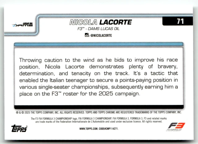TOPPS CHROME FÓRMULA 1 2025 No. 71 Nicola Lacorte Teal X-Fractor Rookie ...