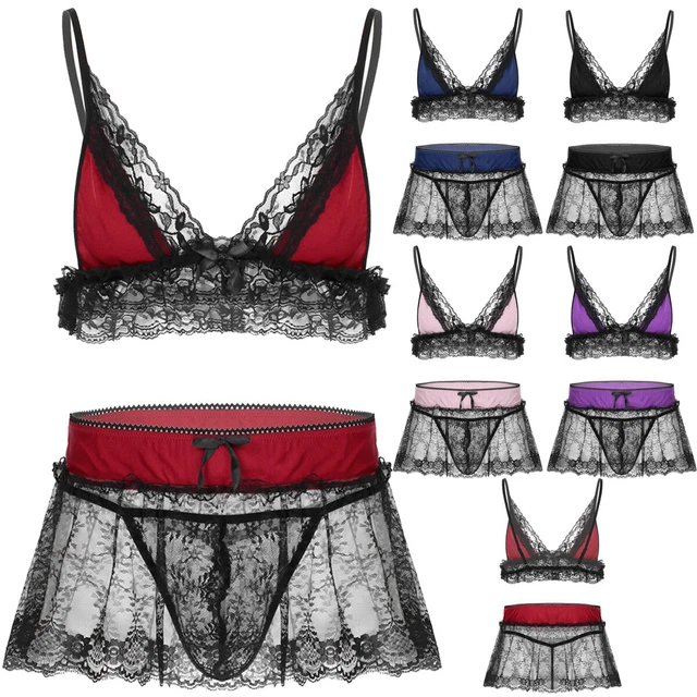 HERREN SISSY BH mit Spitze Transparente Slip und Rock Crossdressing Dessous Set EUR 13,08 ...