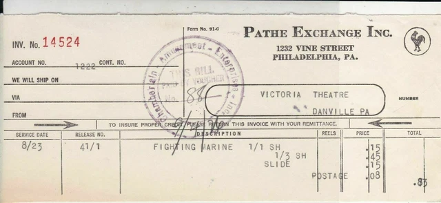 PATHE EXCHANGE INC. 1926 Vic Theatre Fighting Marine Film Booking ...