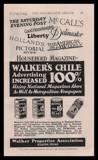1929 WALKER AUSTIN Texas Red Hot Chile Con Carne Tamales Beans Vintage ...