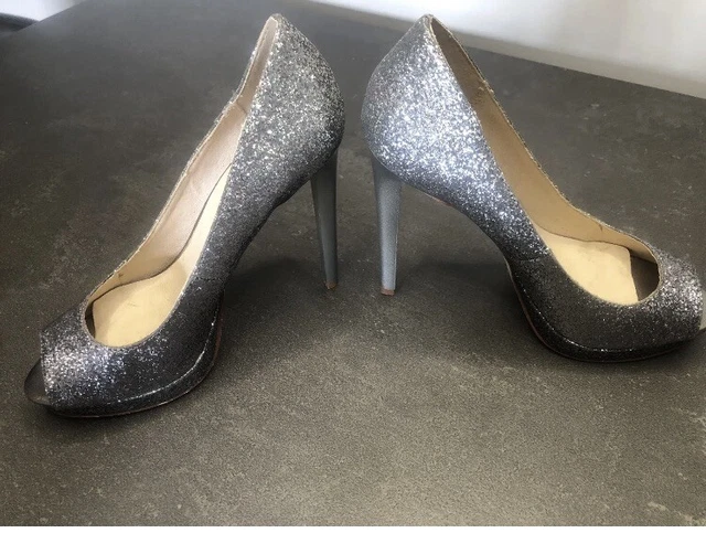 FAITH SILVER GLITTER Sparkling High Heels Peep Toe Party Shoes Size 5/ ...