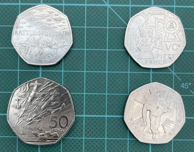 SET OF U.K. MILITARY 50p COINS, BATTLE OF BRITAIN, D DAY, V.C. X2 ...