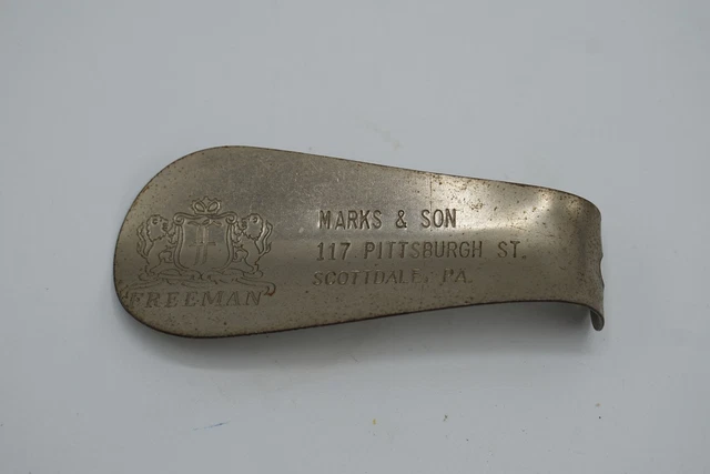 VINTAGE FREEMAN SHOES Advertising Metal Shoehorn Marks & Son Scottdale ...