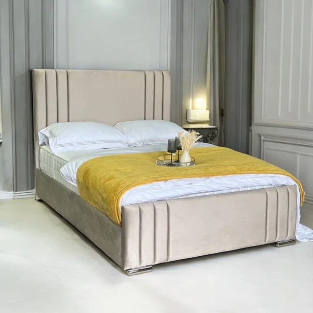 PANEL BED FRAME Plush Velvet Upholstered Gas Lift Storage& Mattress ...