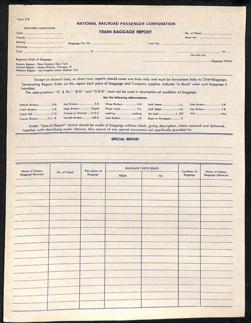 NATIONAL RAILROAD PASSENGER Corporation Train Baggage Report Form ...