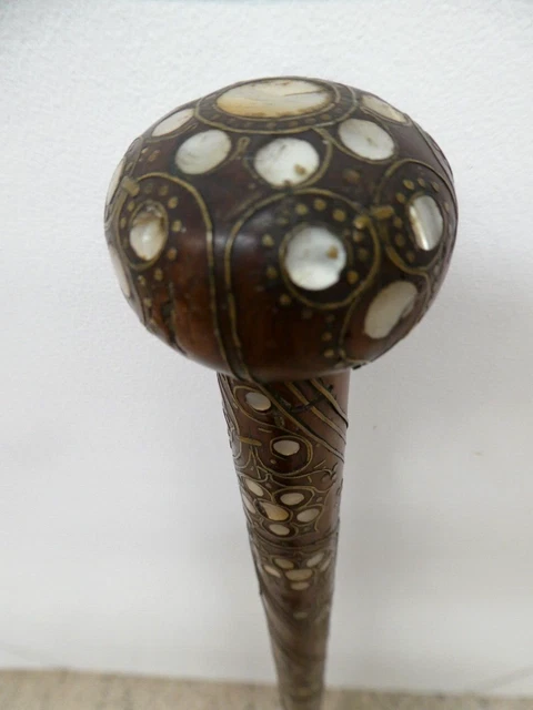 ANTIQUE TIMBER WALKING Stick Cane Inlaid Mother Of Pearl & Brass - Knob ...